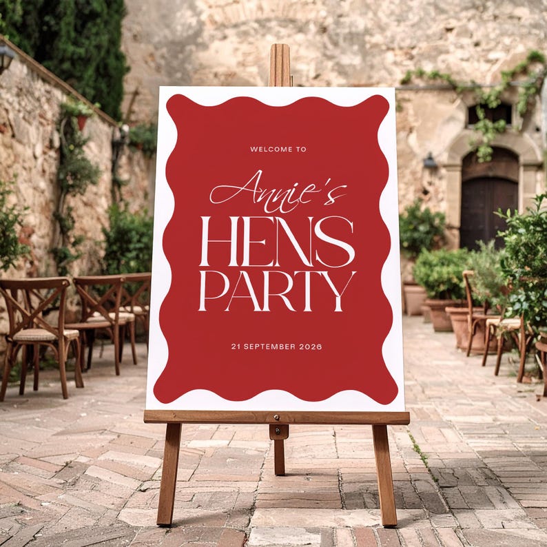 Editable Hens Party Welcome Sign | Red Wavy Border Hen Do Signage | DIY ...