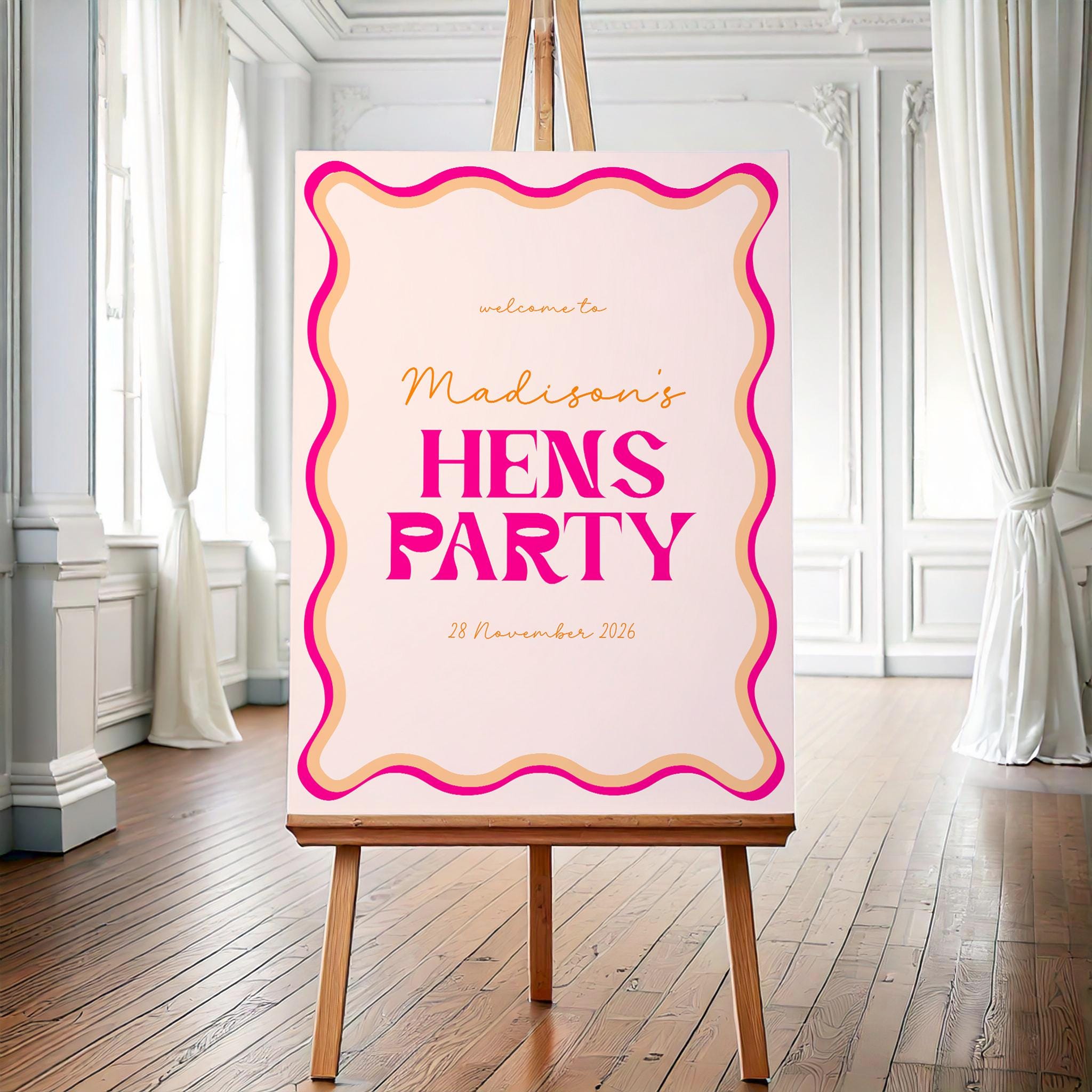 Pink and Orange Wavy Hens Party Welcome Sign | Editable Digital ...