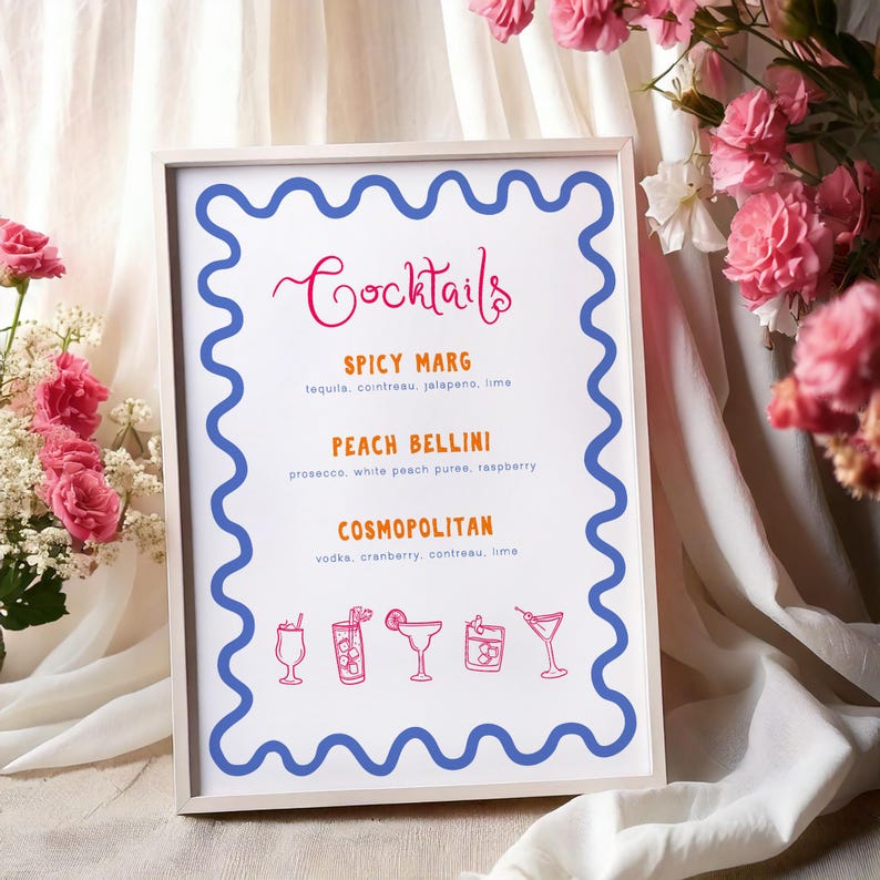 Editable Cocktail Bar Menu Sign | Digital Template | Colourful Quirky ...