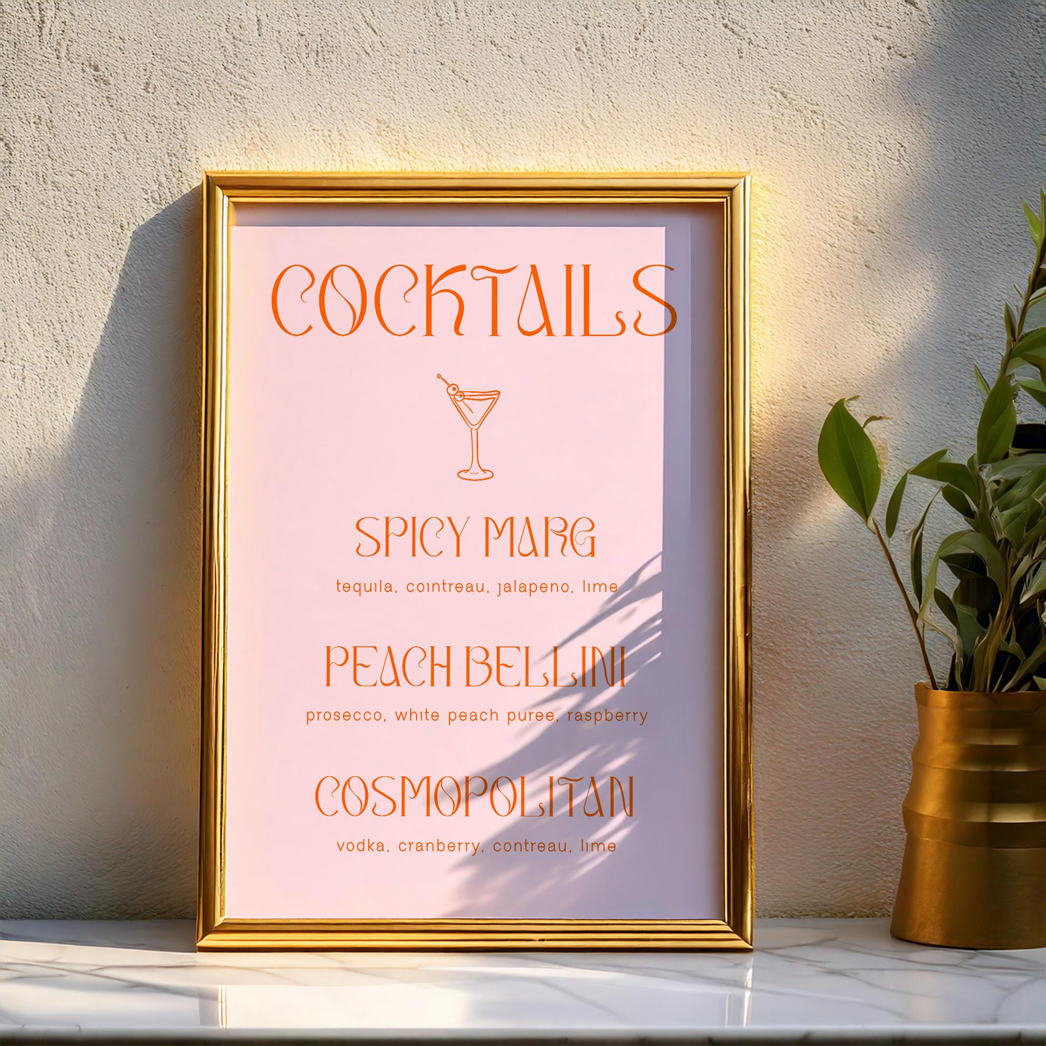 Editable Cocktail Bar Menu | Pink and Orange Customisable Design | DIY ...