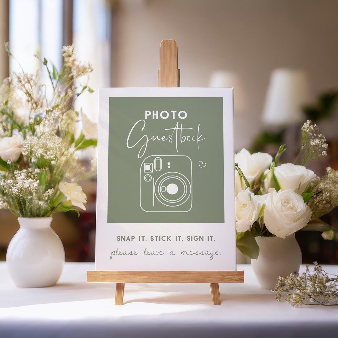 Sage Green Polaroid Guestbook Sign | Editable Photo Guest Book Signage ...
