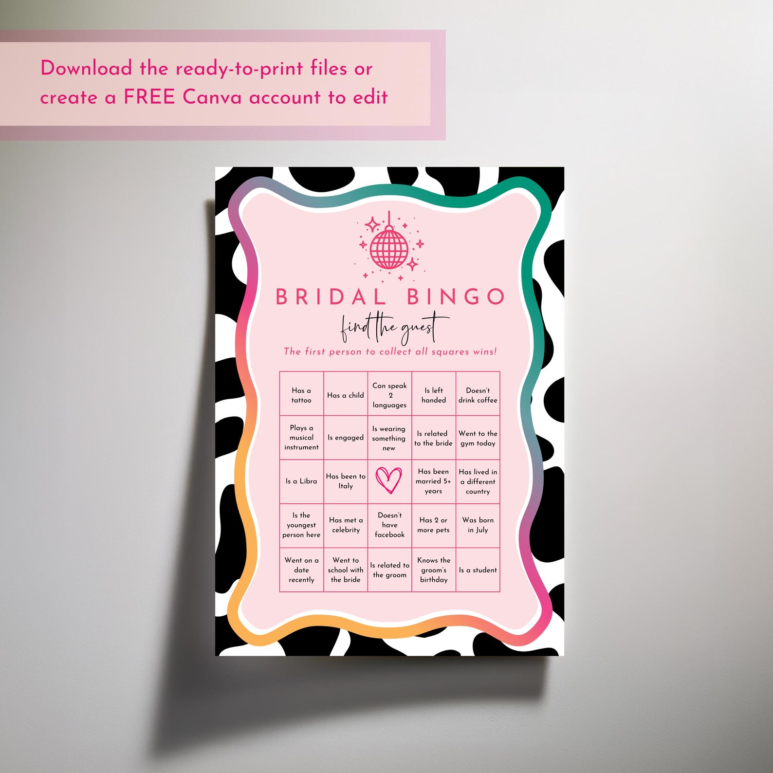 Find the Guest Bridal Bingo | Last Rodeo Cow Print Bachelorette ...