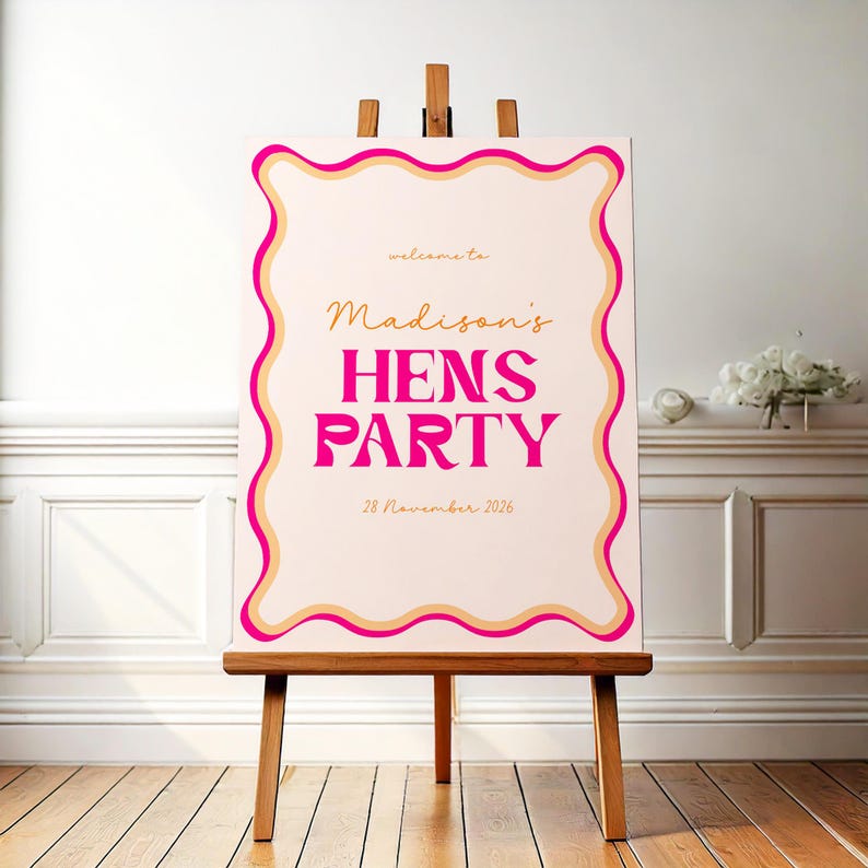 Pink and Orange Wavy Hens Party Welcome Sign | Editable Digital ...