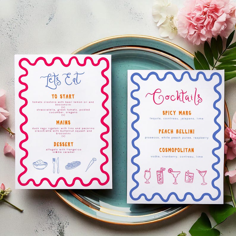 Editable Matching Menu Bundle | Colourful Wavy Squiggle Border ...