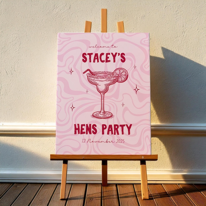 Pink and Red Margarita Hens Party Welcome Sign Swirly Hand Drawn ...