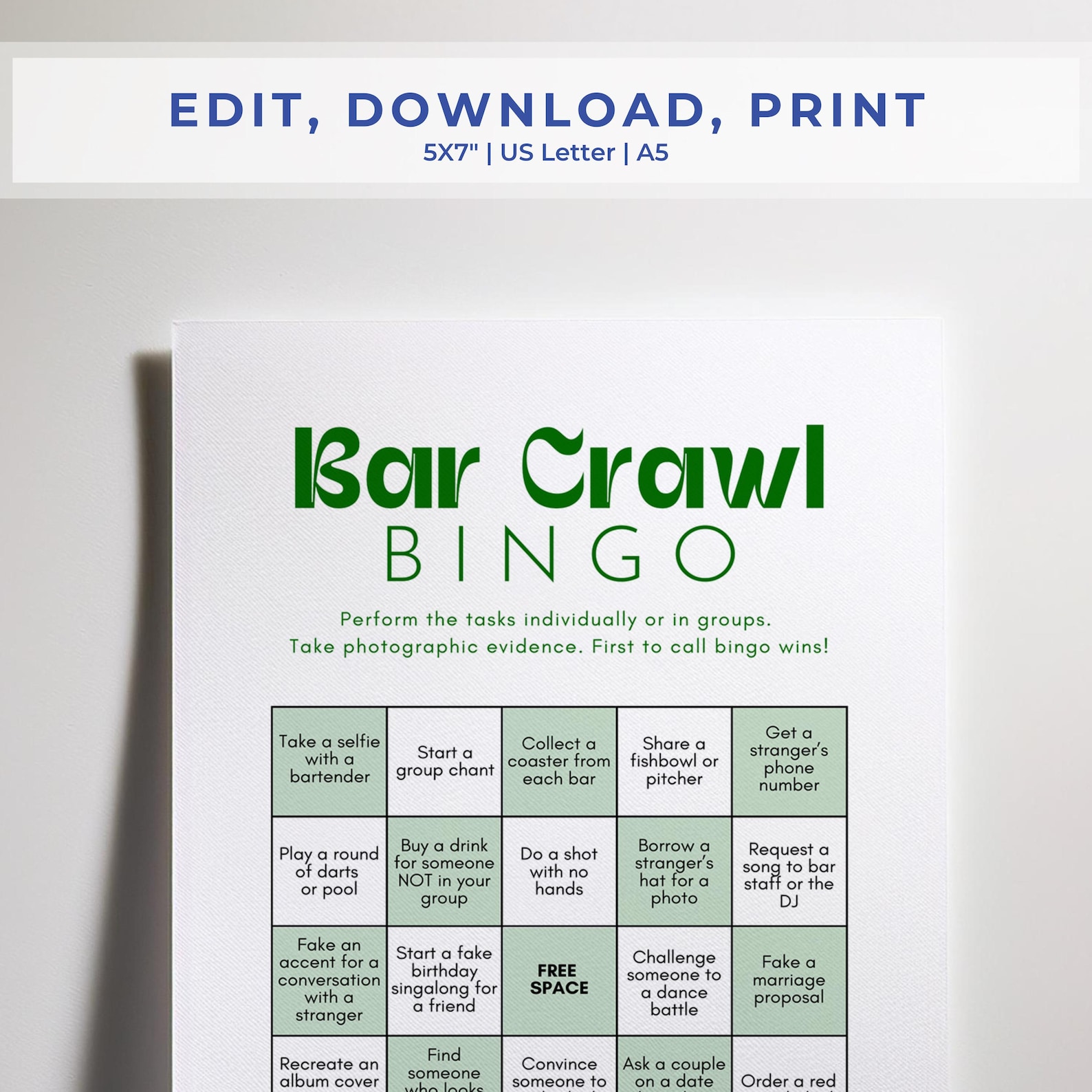 Editable Bar Crawl Bingo Card Game | Pub Adult Drinking Game ...