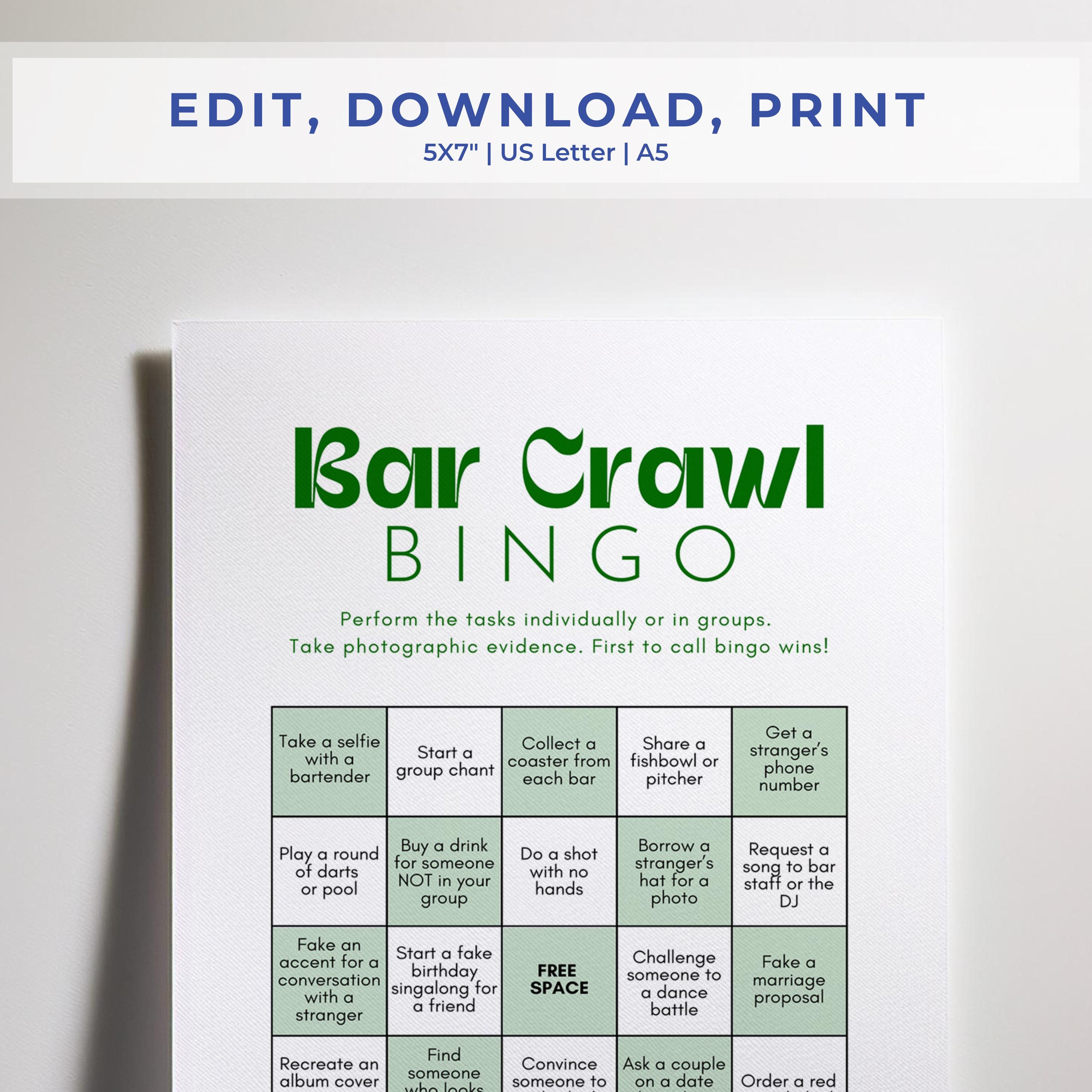 Editable Bar Crawl Bingo Card Game | Pub Adult Drinking Game ...