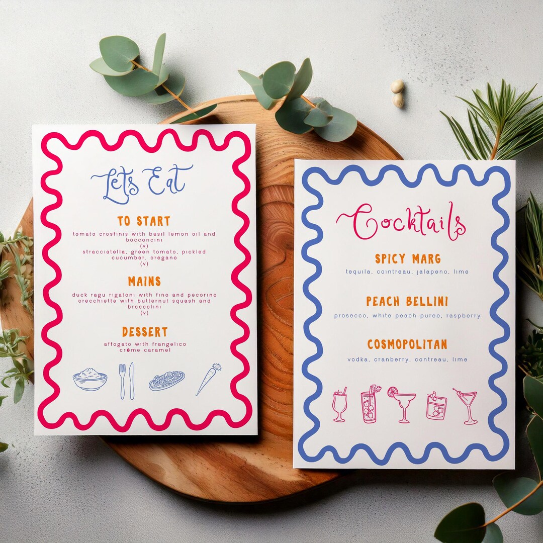 Editable Matching Menu Bundle | Colourful Wavy Squiggle Border ...