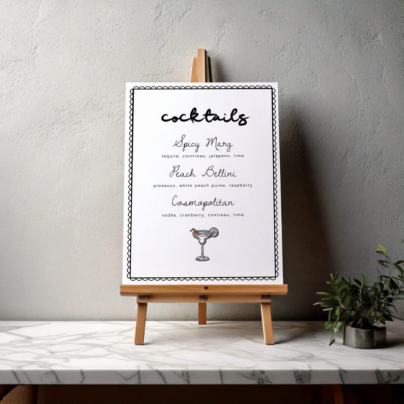 Signature Drinks Cocktail Bar Menu | Black and White Hand Drawn Design ...