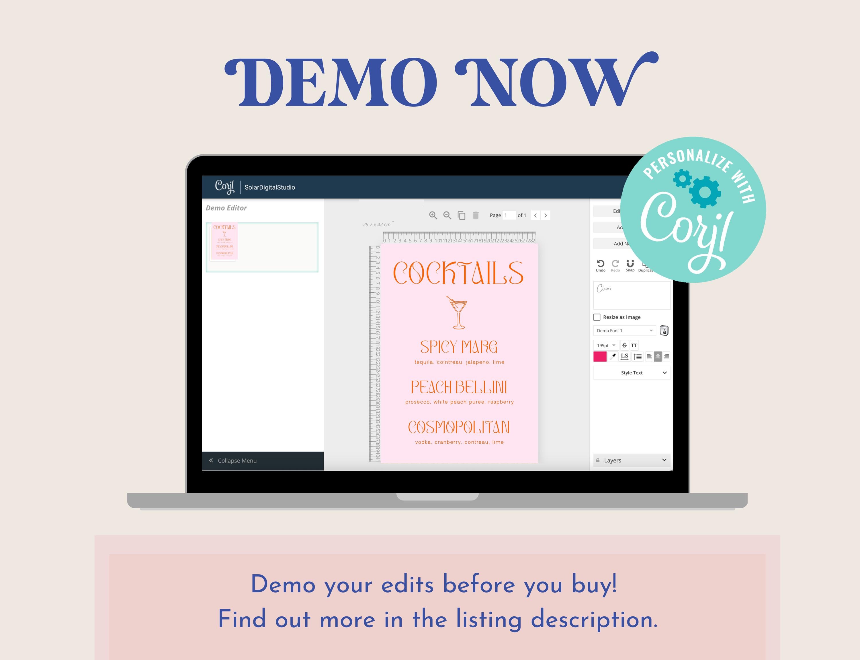 Editable Cocktail Bar Menu | Pink and Orange Customisable Design | DIY ...