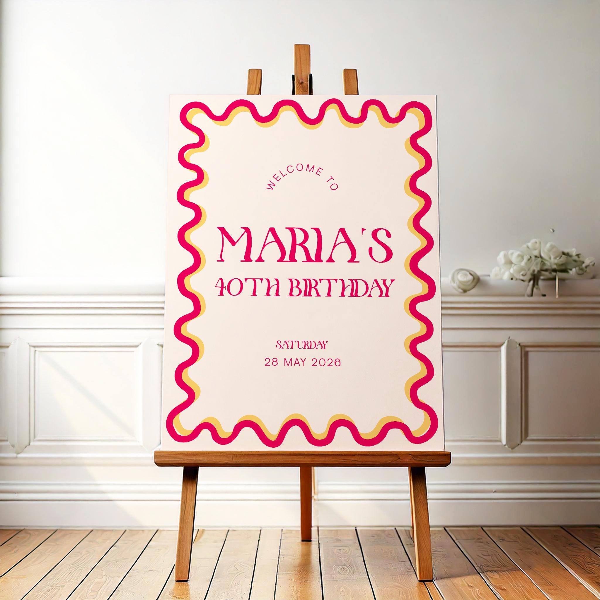 Editable 40th Birthday Party Welcome Sign | Pink and Orange Wavy Border ...