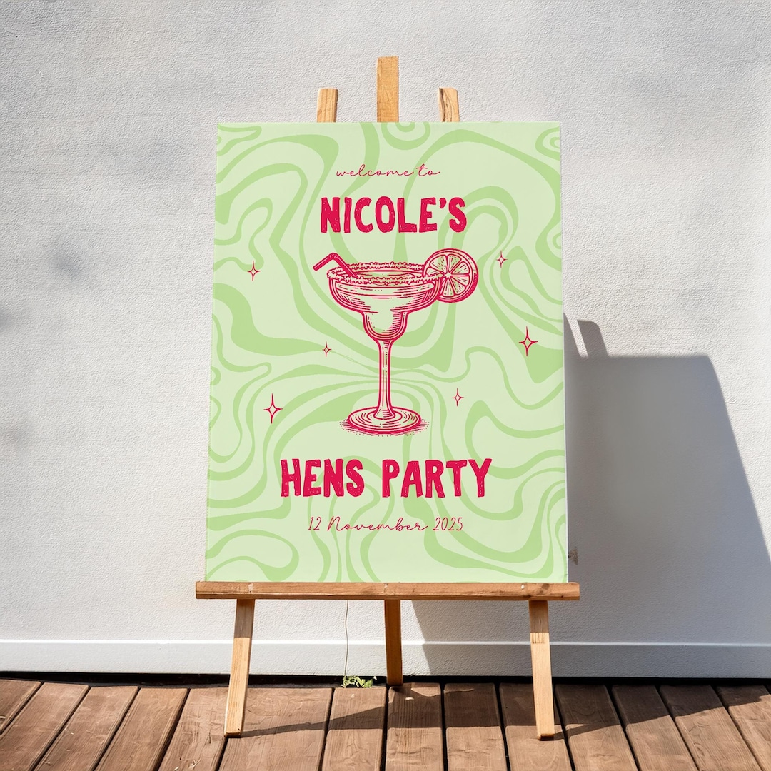 Swirly Green & Pink Hens Party Welcome Sign | Margs and Matrimony ...