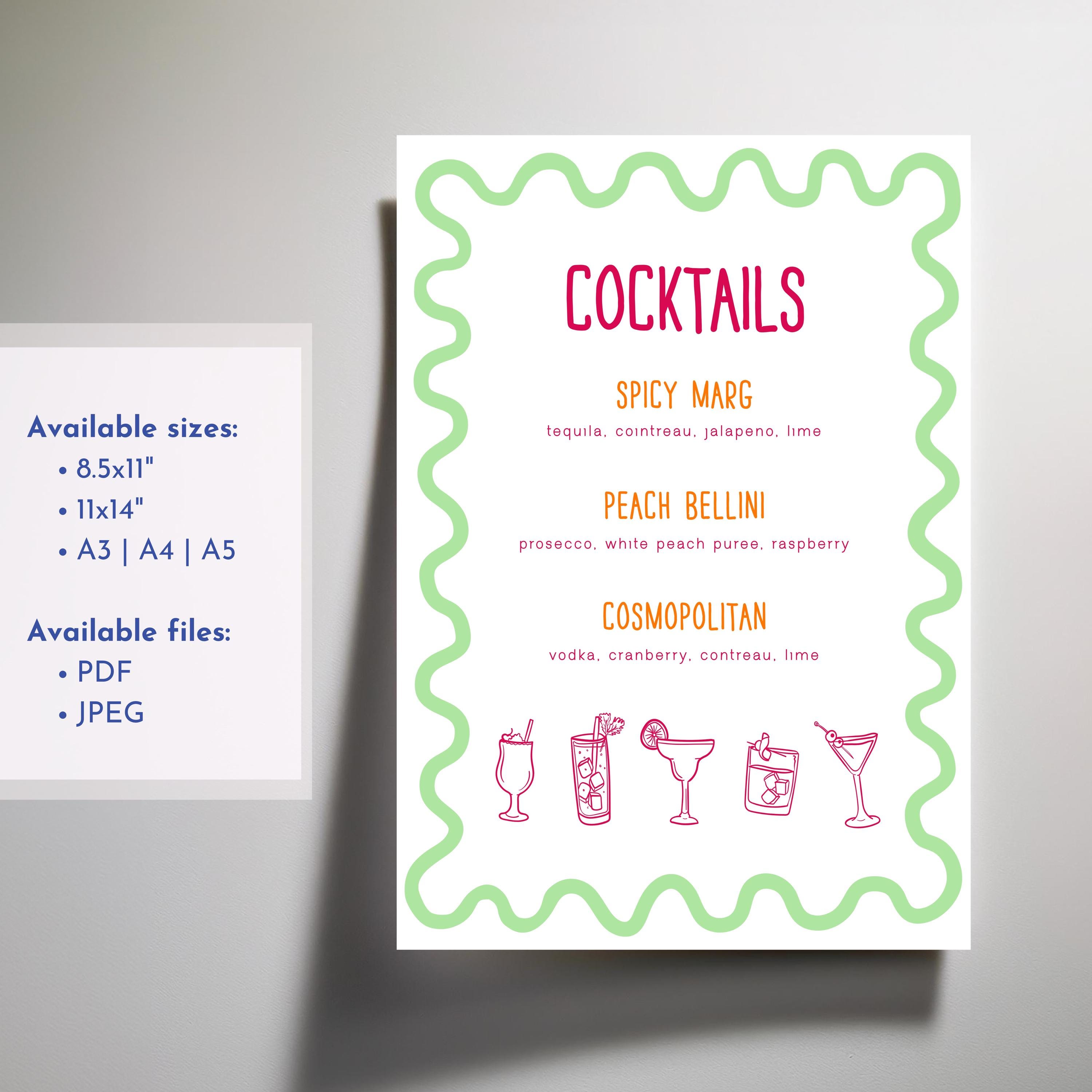 Editable Squiggle Bar Cocktail Menu | Wedding, Hens Party, Bridal ...