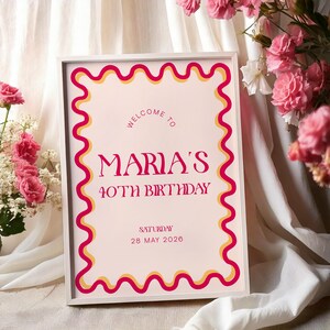 Editable 40th Birthday Party Welcome Sign | Pink and Orange Wavy Border ...