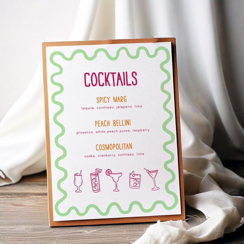 Editable Squiggle Bar Cocktail Menu | Wedding, Hens Party, Bridal ...