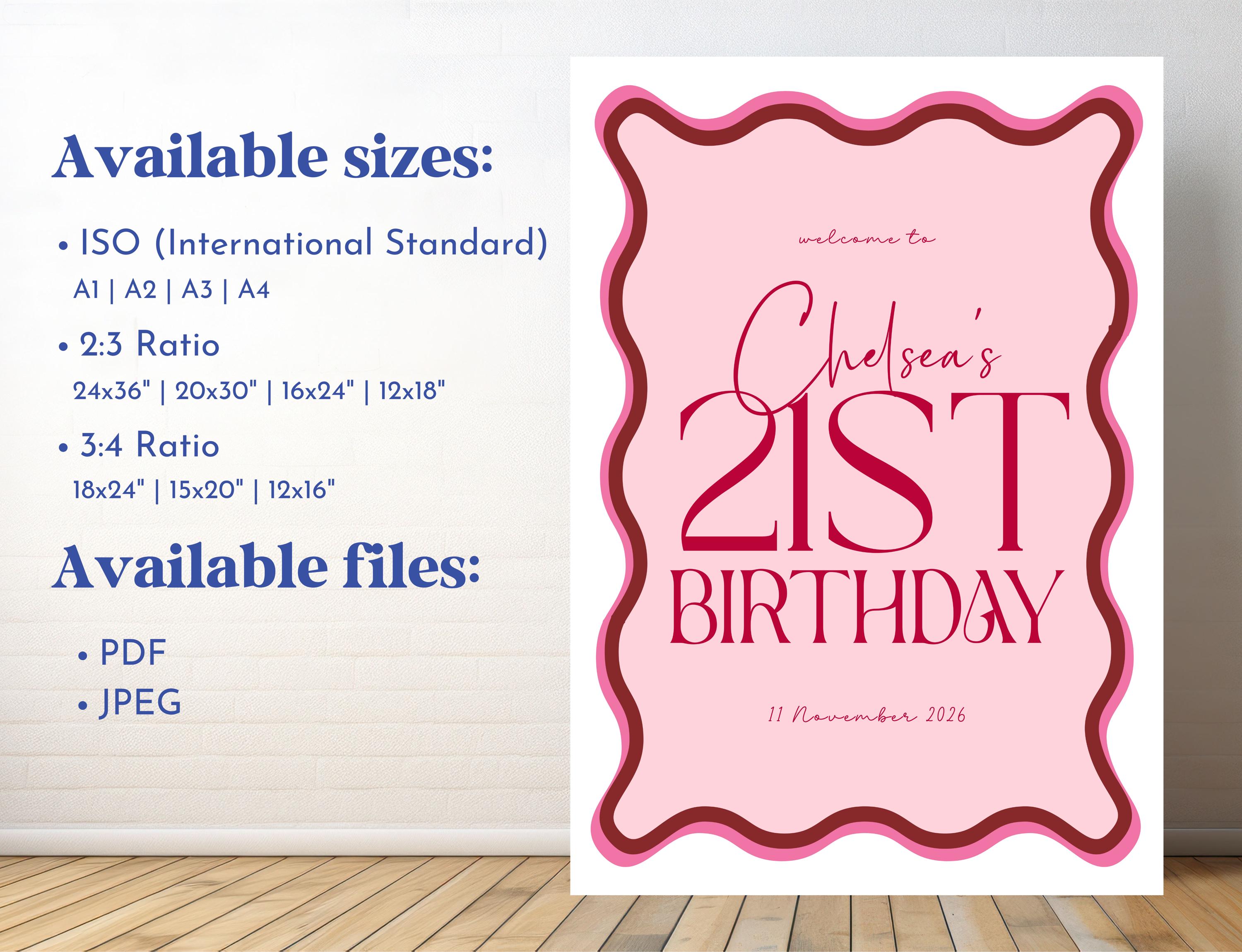 Editable 21st Birthday Party Welcome Sign | Pink and Red Wavy Border ...
