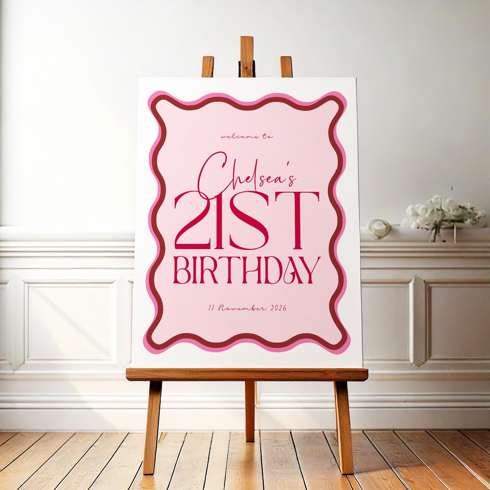 Editable 21st Birthday Party Welcome Sign | Pink and Red Wavy Border ...