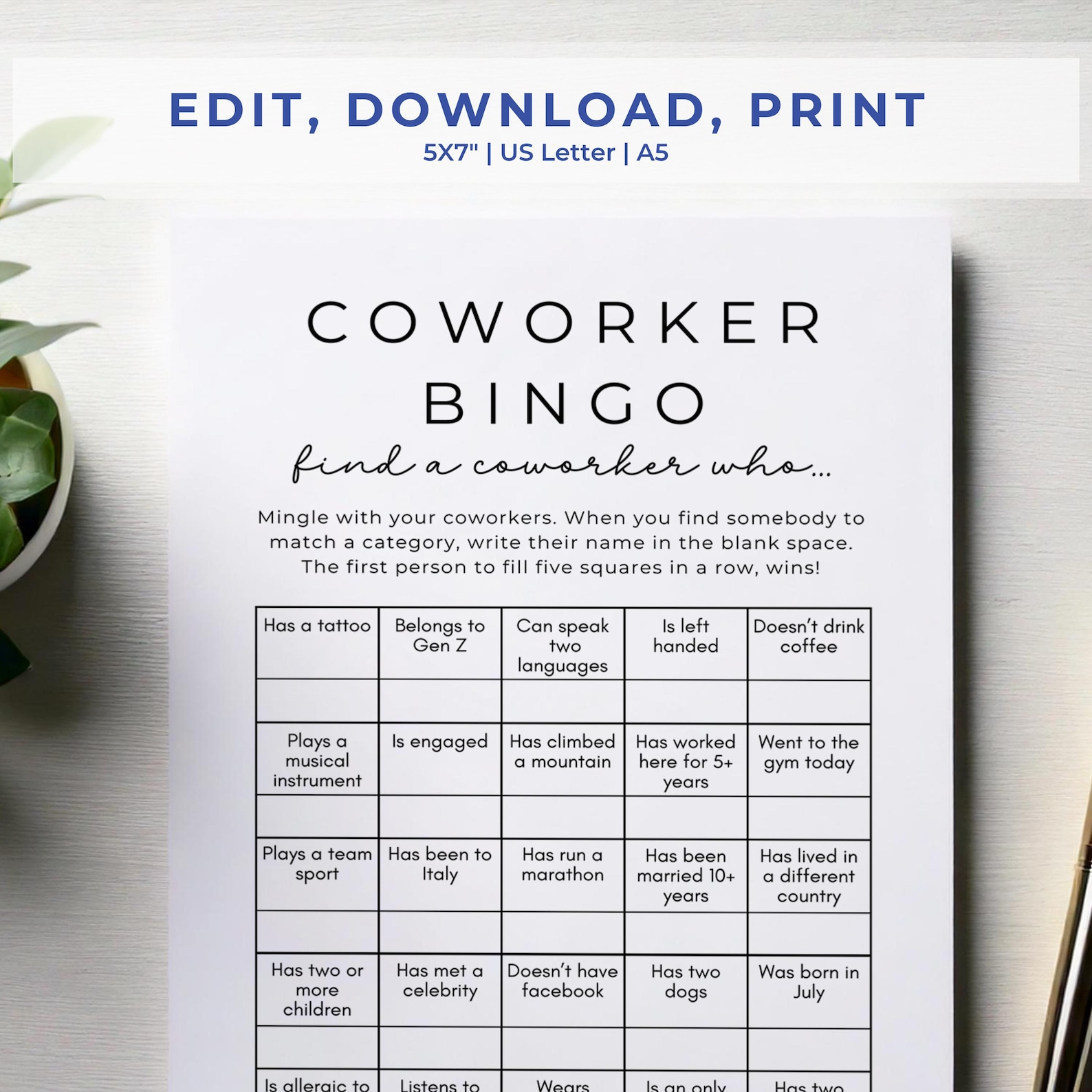 Coworker Bingo Ice Breaker Game for Team Building Editable Digital ...