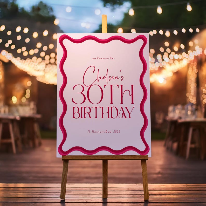 Editable 30th Birthday Party Welcome Sign | Pink and Red Wavy Border ...