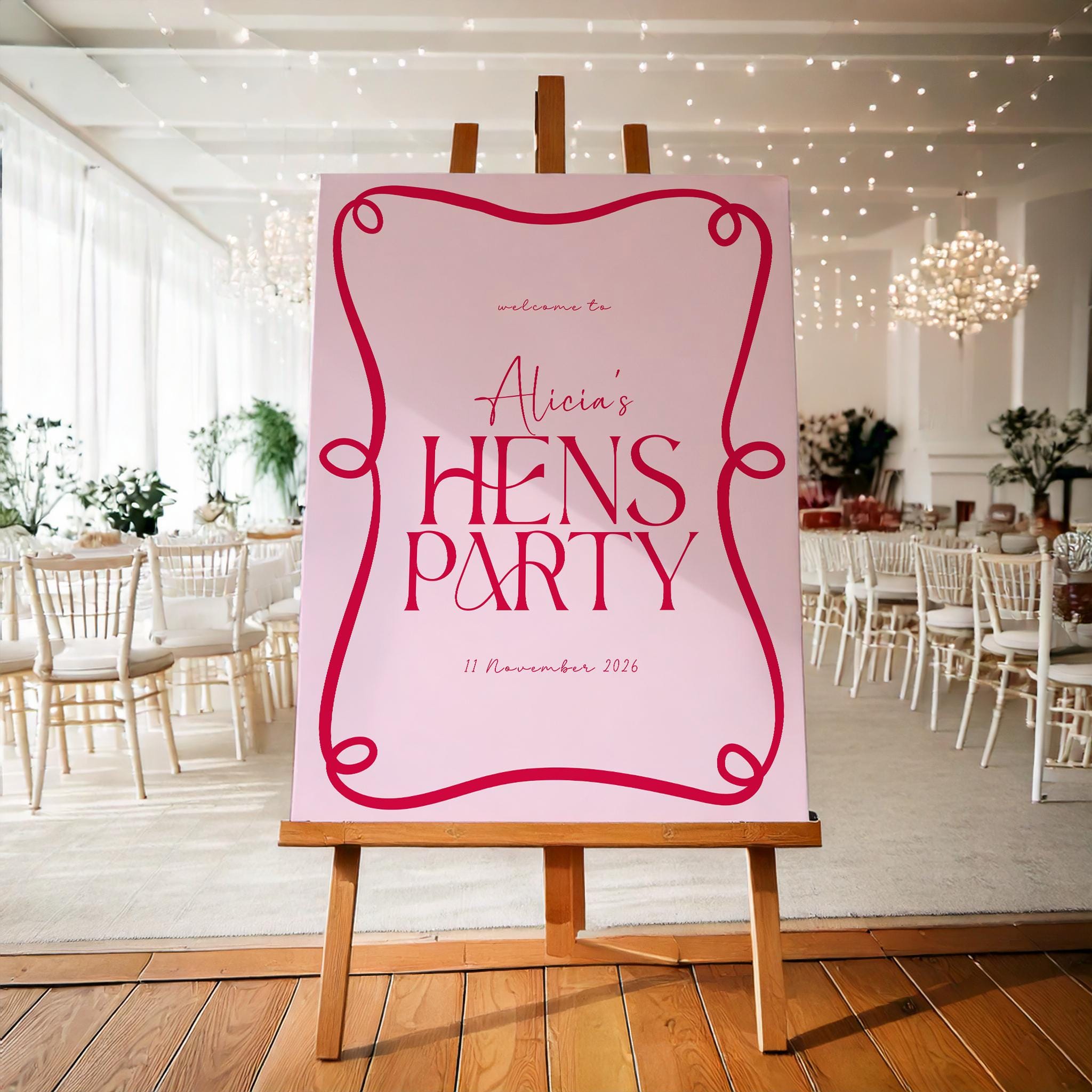 Editable Pink Hens Party Welcome Sign | Hand-drawn Curly Border ...