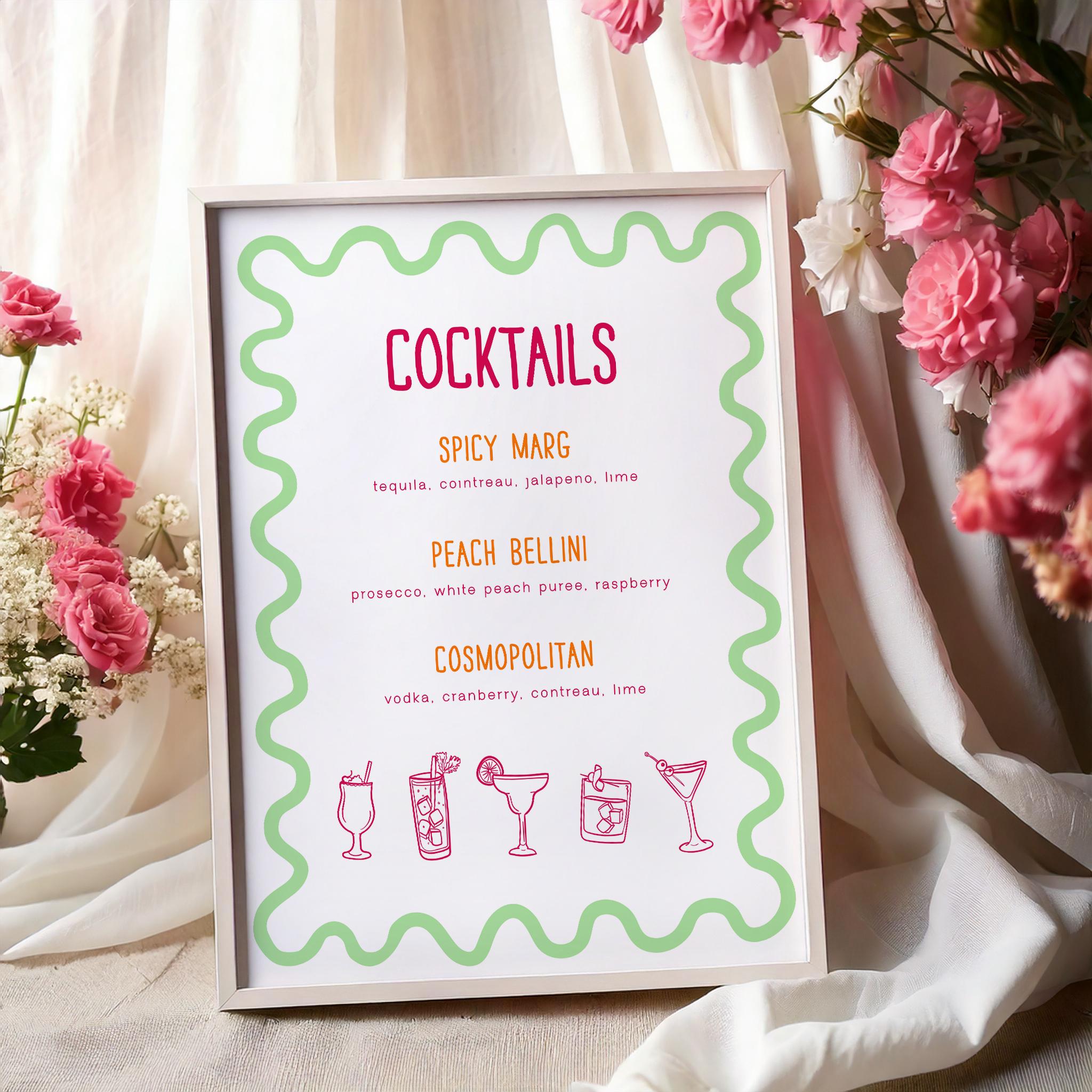 Editable Squiggle Bar Cocktail Menu | Wedding, Hens Party, Bridal ...