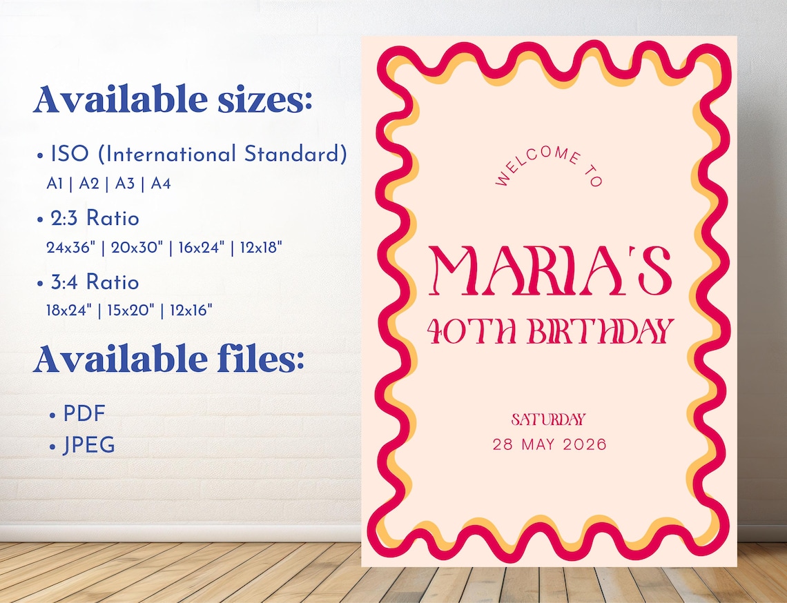 Editable 40th Birthday Party Welcome Sign | Pink and Orange Wavy Border ...