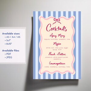 Cocktail Bar Menu Sign | Editable Digital Template | Blue and Pink ...