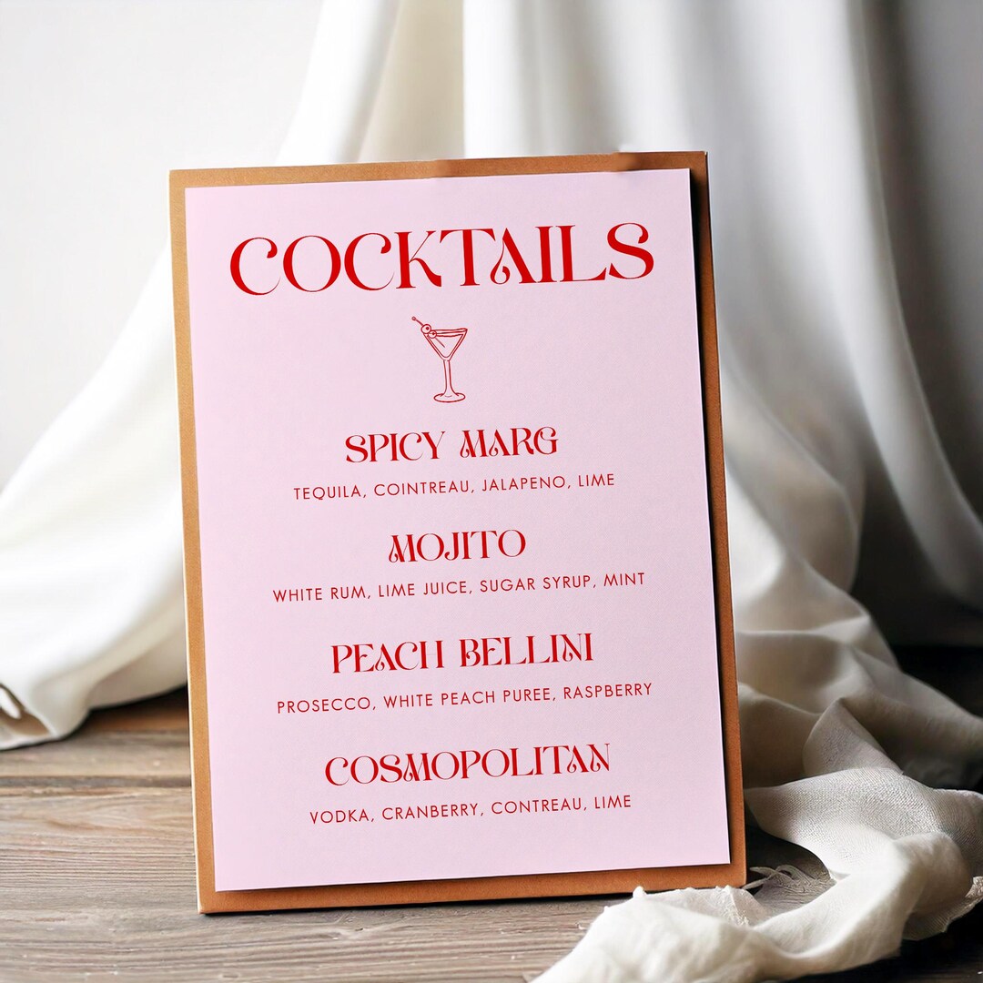 Editable Cocktail Bar Menu | DIY Editable Template | Pink and Red ...