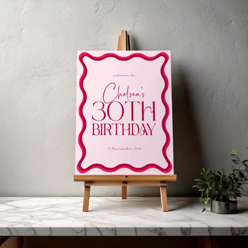 Editable 30th Birthday Party Welcome Sign | Pink and Red Wavy Border ...