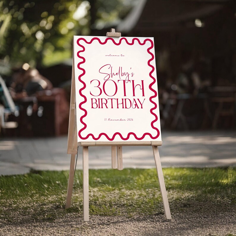 Editable 30th Birthday Party Welcome Sign | Red and White Wavy Border ...