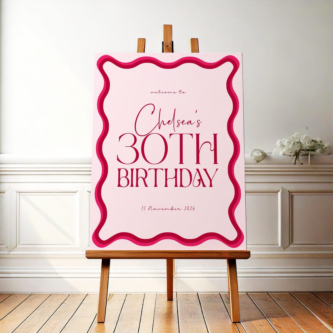 Editable 30th Birthday Party Welcome Sign | Pink and Red Wavy Border ...
