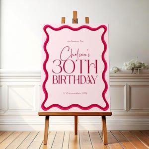Editable 30th Birthday Party Welcome Sign | Pink and Red Wavy Border ...