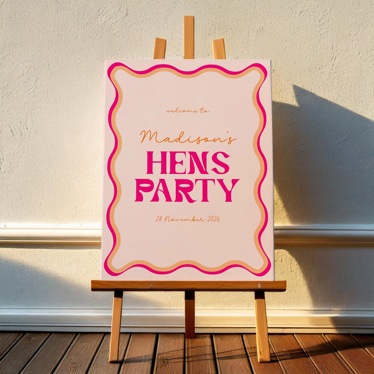 Pink and Orange Wavy Hens Party Welcome Sign | Editable Digital ...
