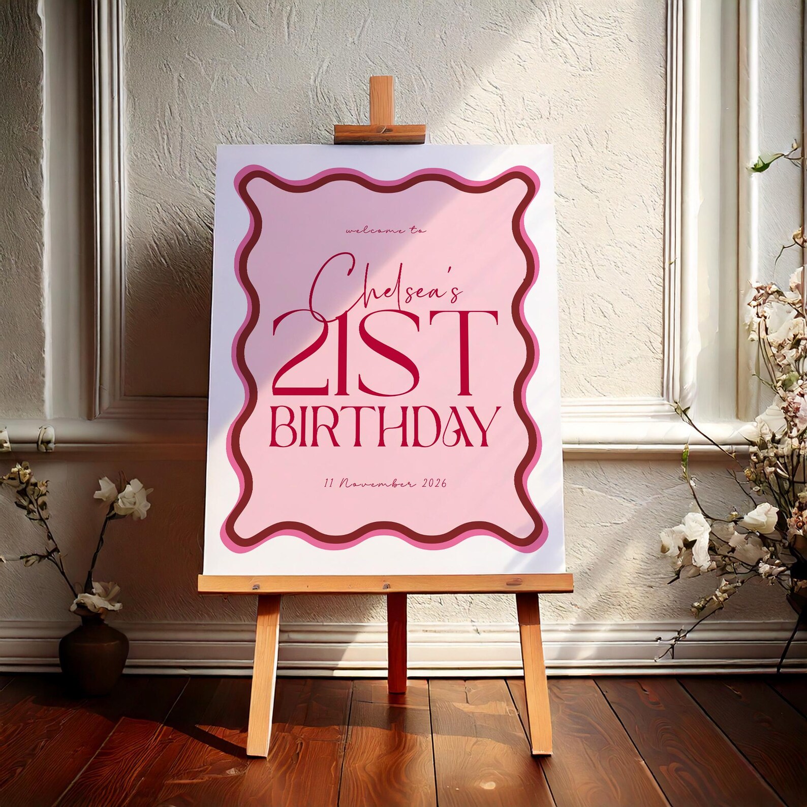 Editable 21st Birthday Party Welcome Sign | Pink and Red Wavy Border ...