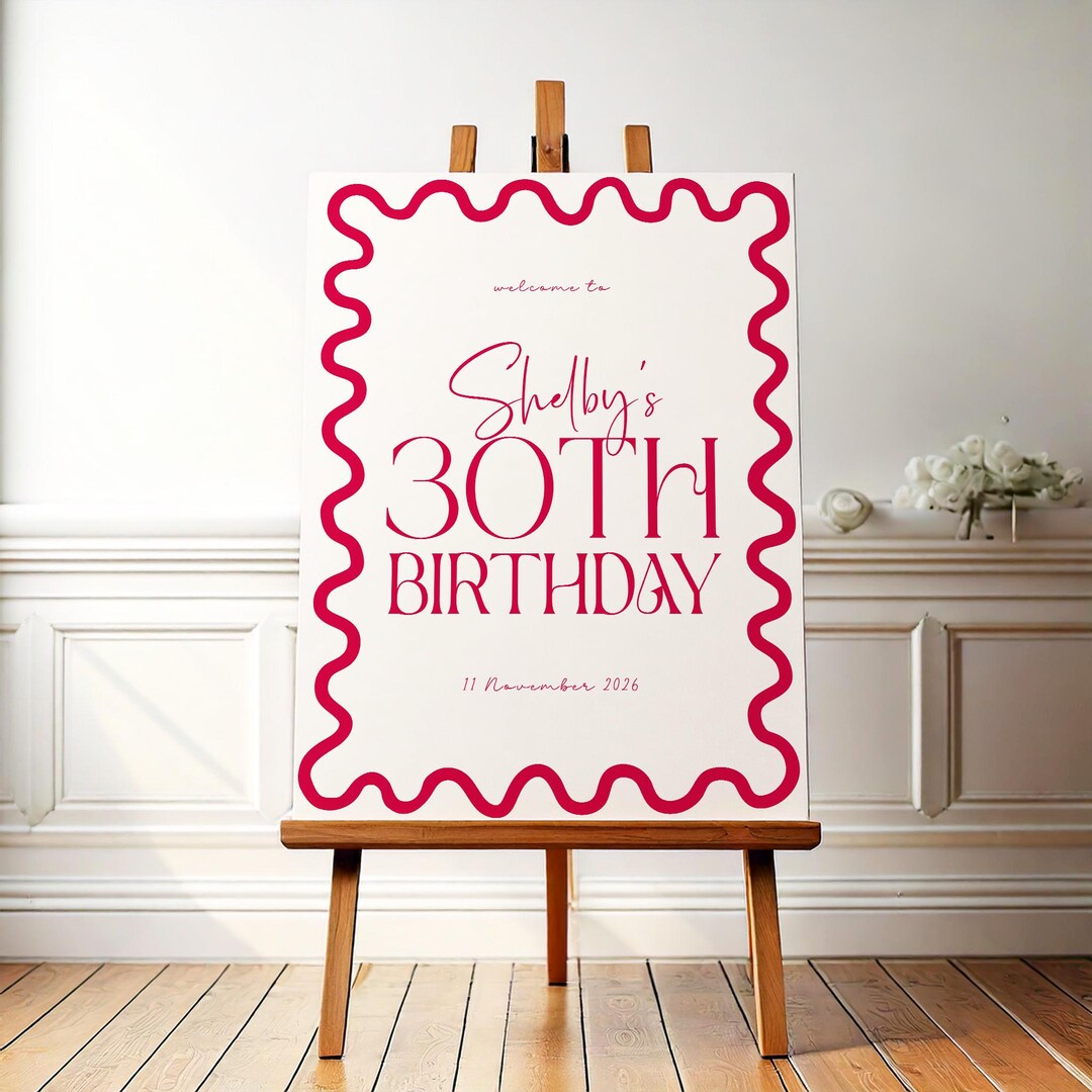 Editable 30th Birthday Party Welcome Sign | Red and White Wavy Border ...