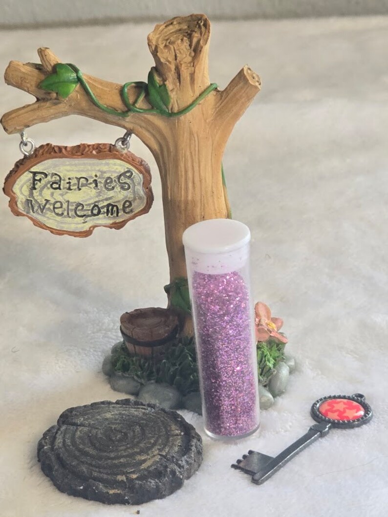 4 Piece Kit With Fairies Welcome Sign Hanging From Tree Glitter Stump ...