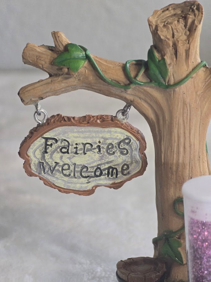 4 Piece Kit With Fairies Welcome Sign Hanging From Tree Glitter Stump ...