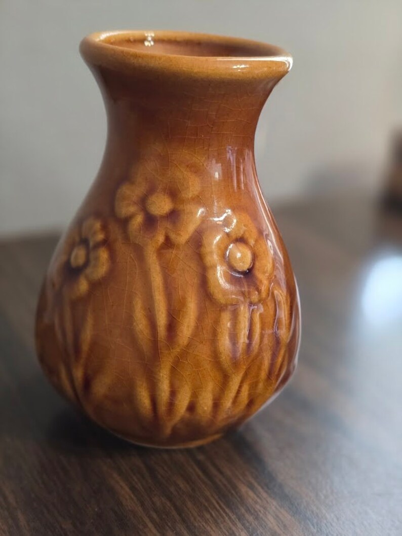 4 High Gloss Petite Vintage Ceramic Brown Vase W/ Flowers - Etsy