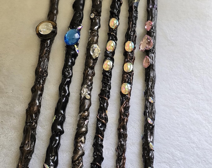 Black,crystal,long Wand,13 Inch,oak,bronze,black Wand,wiccan Pagan ...