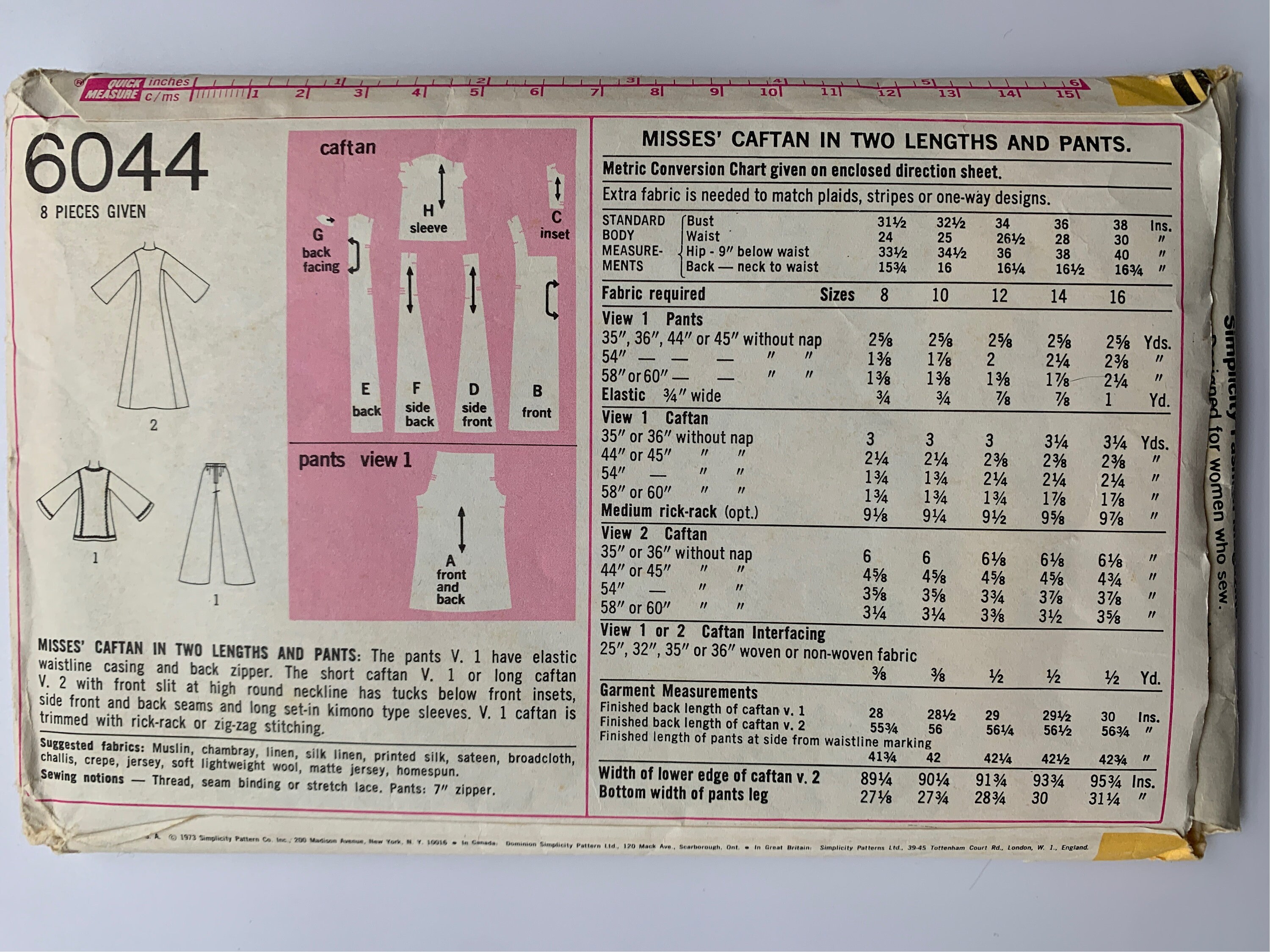 Vintage 1973 Size 10 Bust 32.5 Simplicity 6044 Misses' Caftan in Two ...