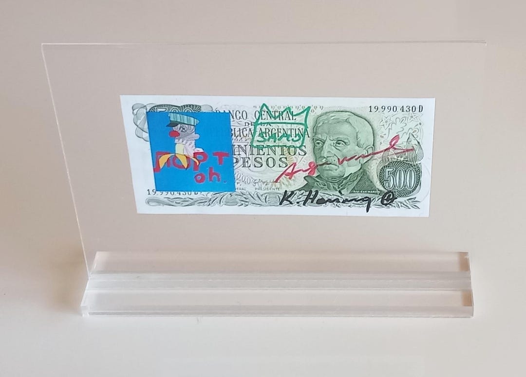 500 Peso Banknote Signed by Basquiat, Haring and Warhol - With Acrylic ...
