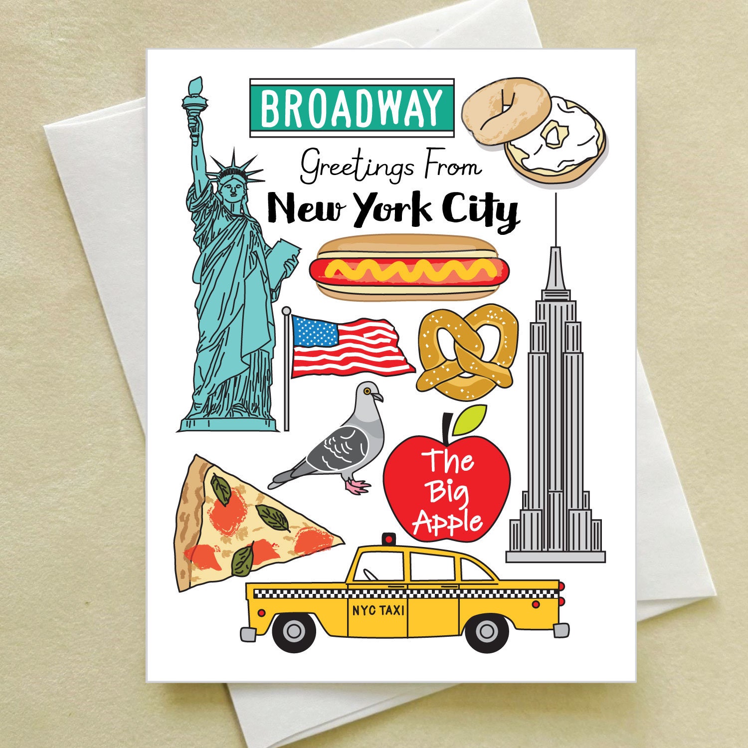 New York City Greeting Card - the Big Apple - Statue of Liberty - Taxi ...
