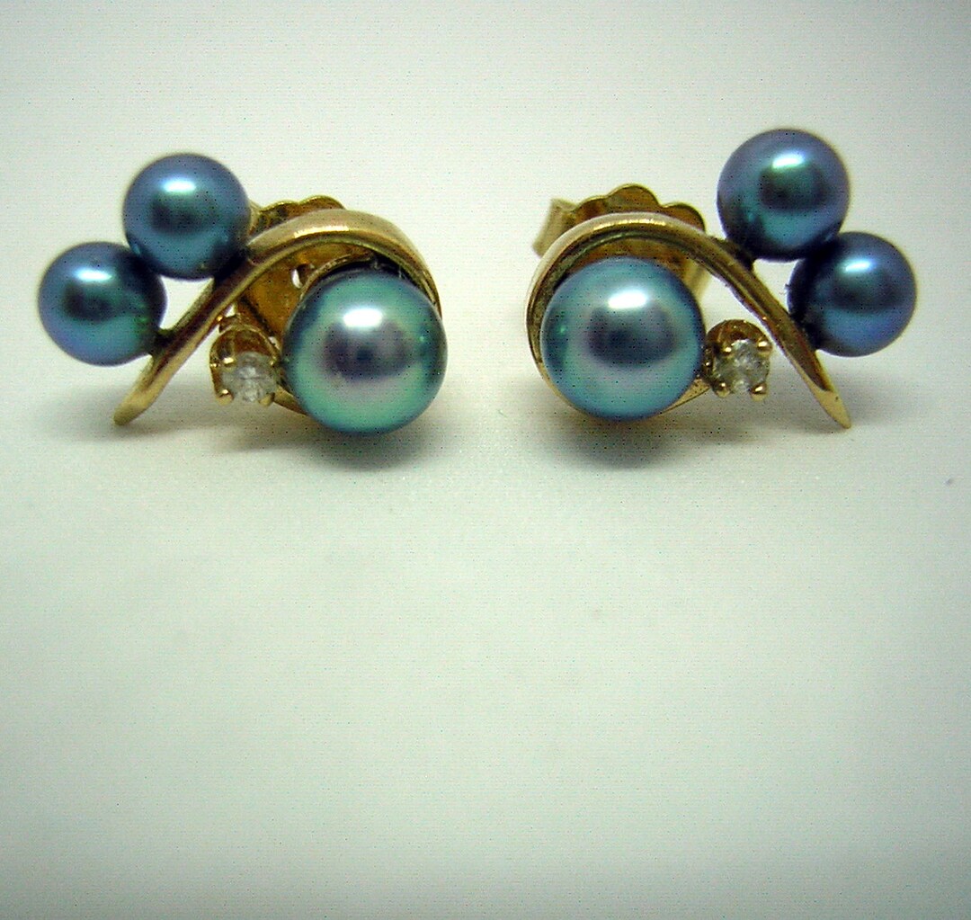14KT Gold Pearl Earrings: Irradiated Blue Cultured Pearls, Diamond ...