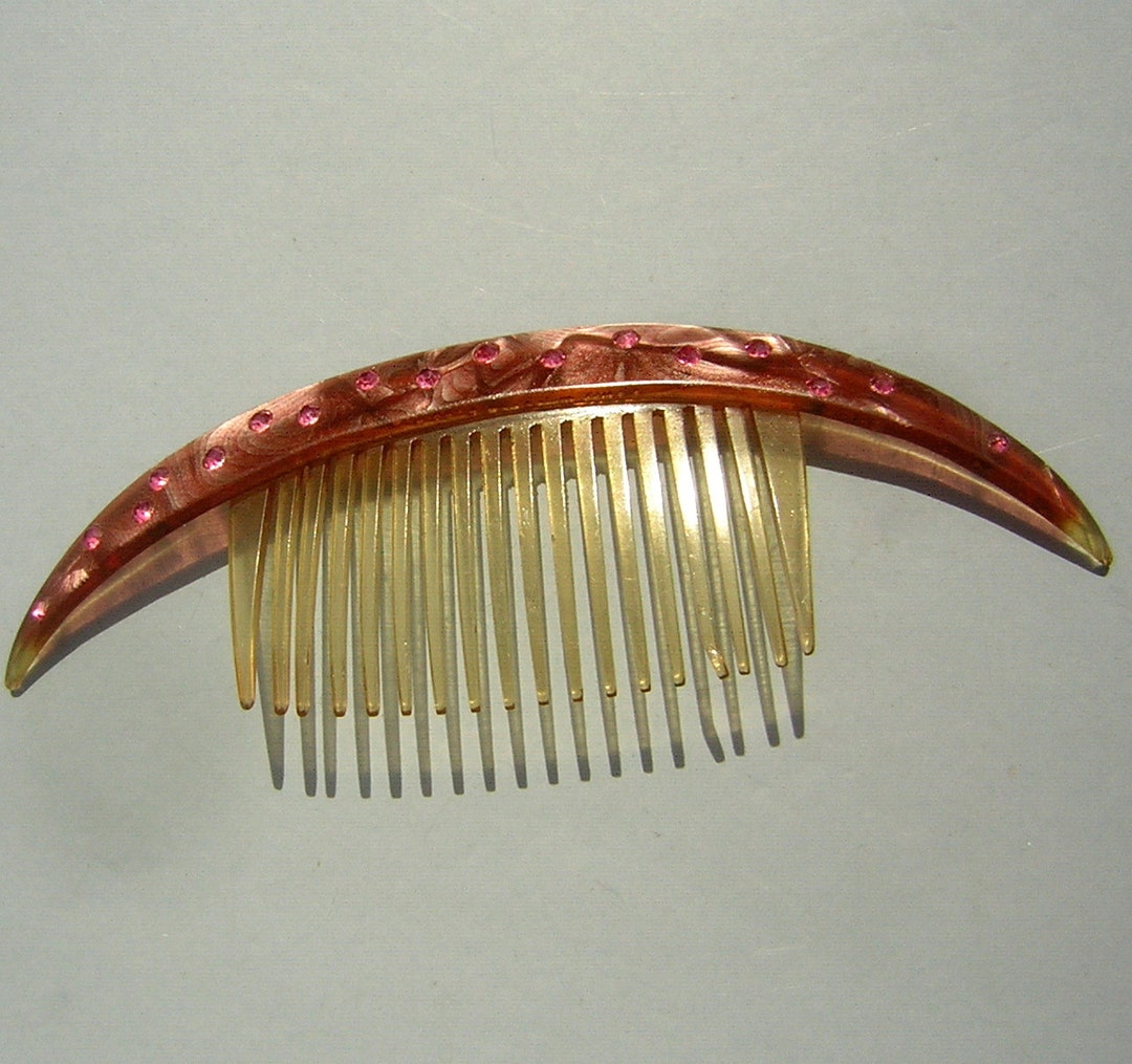 Vintage Crescent Pink Hair Comb Rhinestone Studded Pearlescent Pearly ...