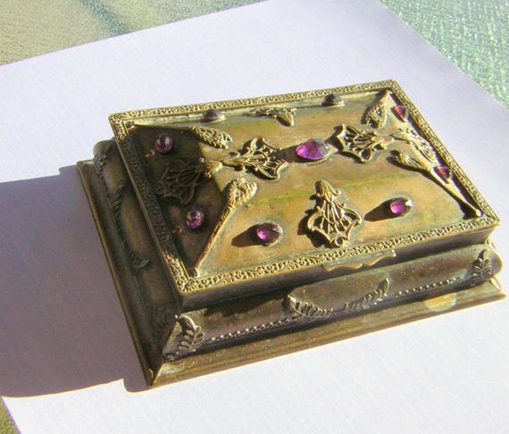 Antique 1920s Bronze Jeweled Box Metal Vanity / Jewel… - Gem