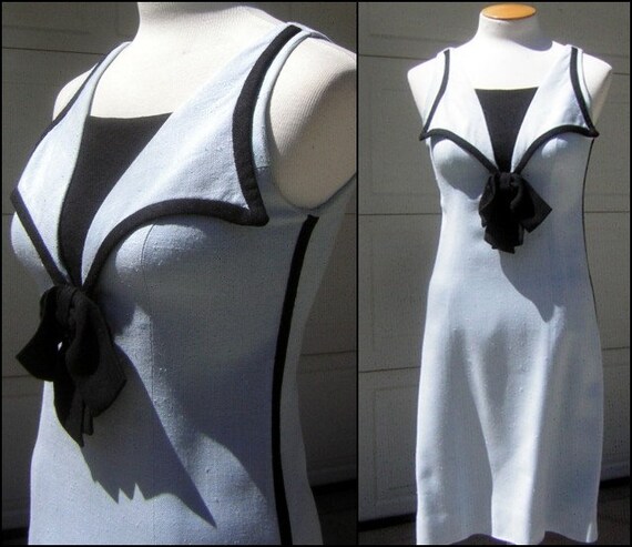 Vintage French MOD Dress Pale Blue & Black Sexy Fit -… - Gem