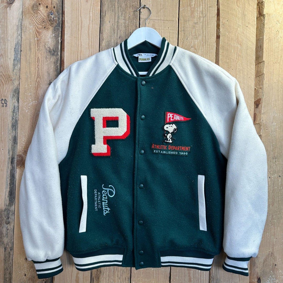 ZARA PEANUTS Jacket Men Large Snoopy Varsity Bomber Green Limited Sold ...