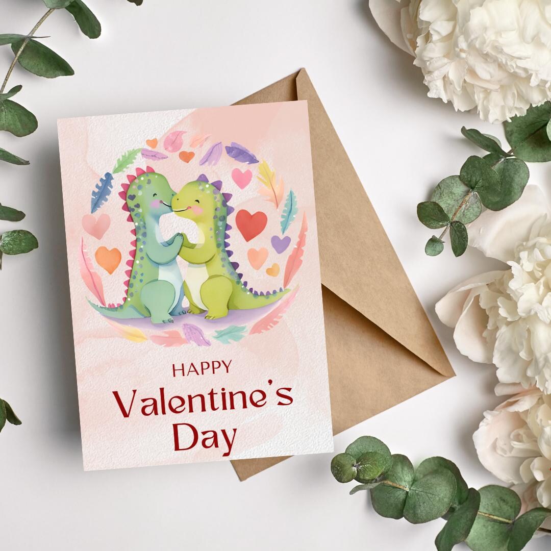 Cute Dinosaur Valentines Day Card Watercolor Digital Greeting Card ...