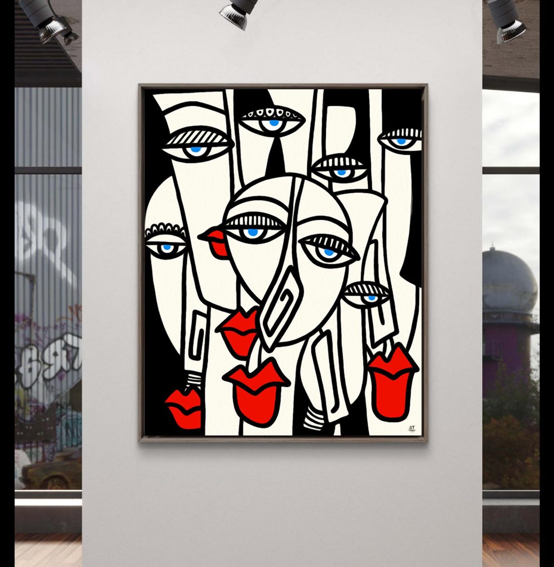 Cubist Faces Acrylic Painting: Black and White Abstract Art, "red Lips ...