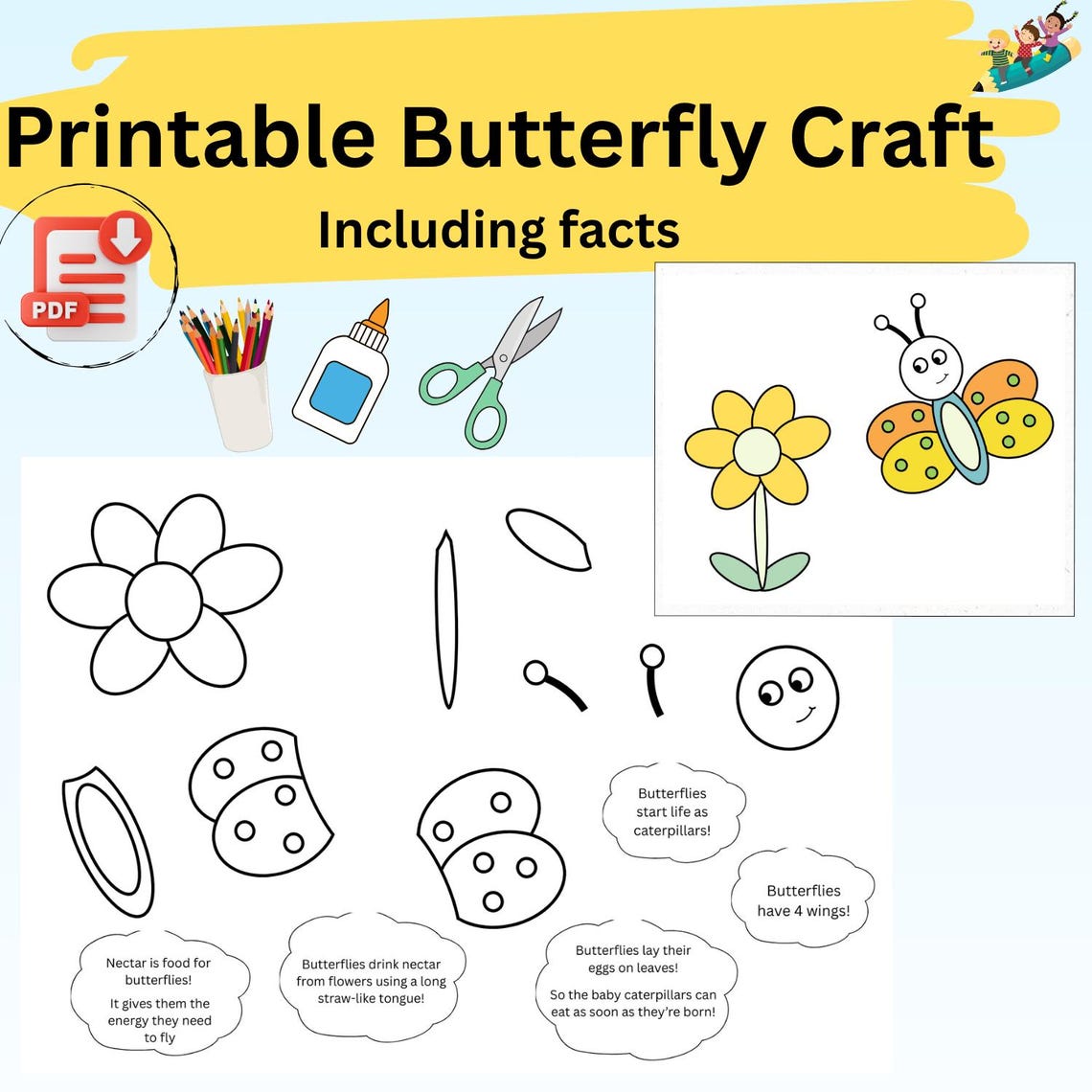 Butterfly & Flower Paper Craft: Kids Printable Activity (PDF Download ...